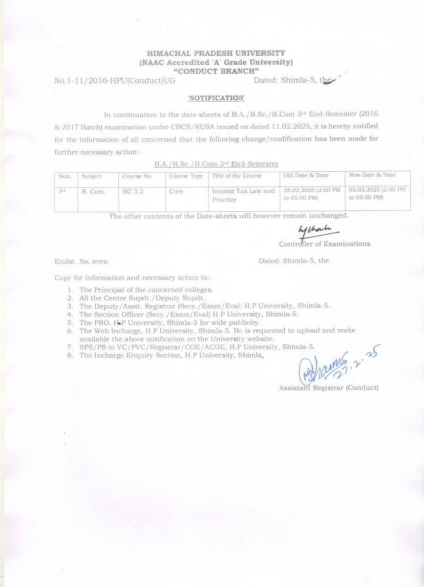 HPU Shimla Date Sheet 2025 Download 1st, 2nd & 3rd Year Date Sheet @hpuniv.ac.in Details Here